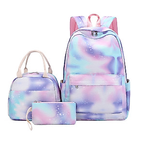 Galaxy Prints 3Pcs Girls Backpack Set Preschool School Bag for Toddlers with Lunch Box Teens Bookbag for School