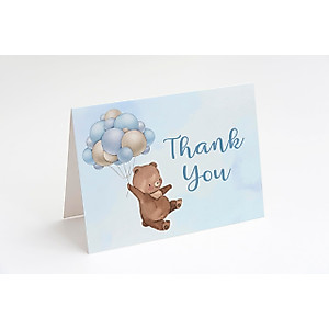 The Invite Lady Bear Baby Shower Thank You Cards Watercolor Bearly Wait Teddy Bear Blue Boy Woodland Forest Balloons Unisex Gender Neutral Printed Cards (24 Count)