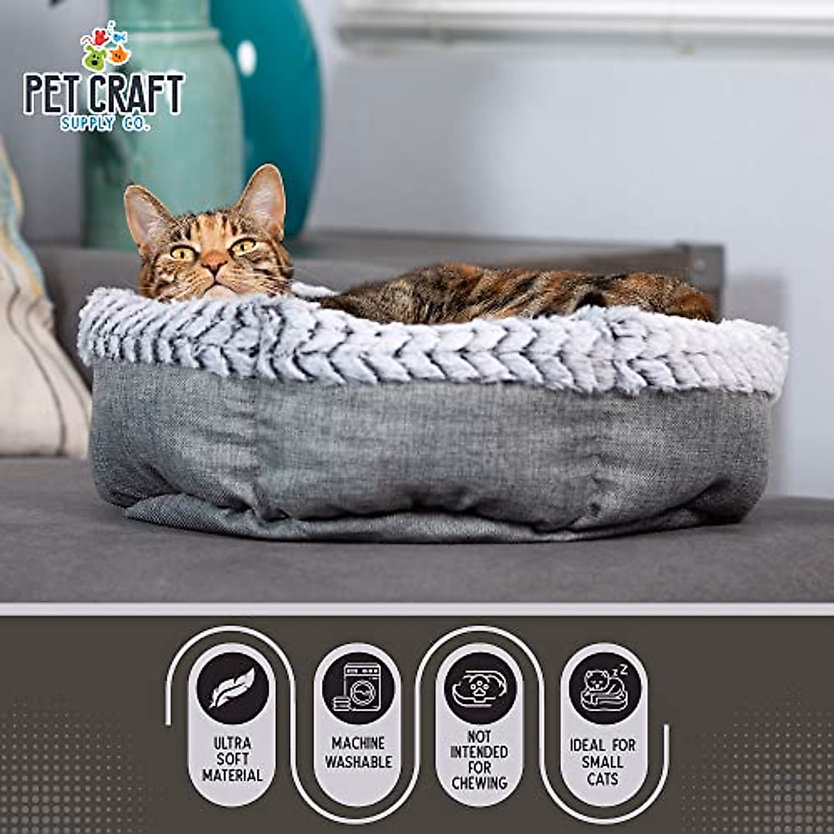 Pet Craft Supply Soho Round Cat Bed For Indoor Cats, Ultra Soft Plush, Memory Foam, Machine Washable, Calming Cat Bed