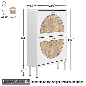 Goderfuu Rattan Shoe Cabinet with 2 Flip Drawers, Shoe Rack for Entryway Shoe Storage Cabinet, 2 Tier Small Shoe Cabinet Slim Shoe Storage Cabinet, White Shoe Cabinet for Heels, Boots, Slippers