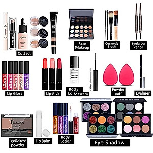 Pure Vie All-in-One Holiday Gift Surprise Makeup Set Essential Starter Bundle Include Eyeshadow Palette Lipstick Concealer Blush Mascara Eyeliner Face Powder Lipgloss Brush - Full Makeup Kit for Women