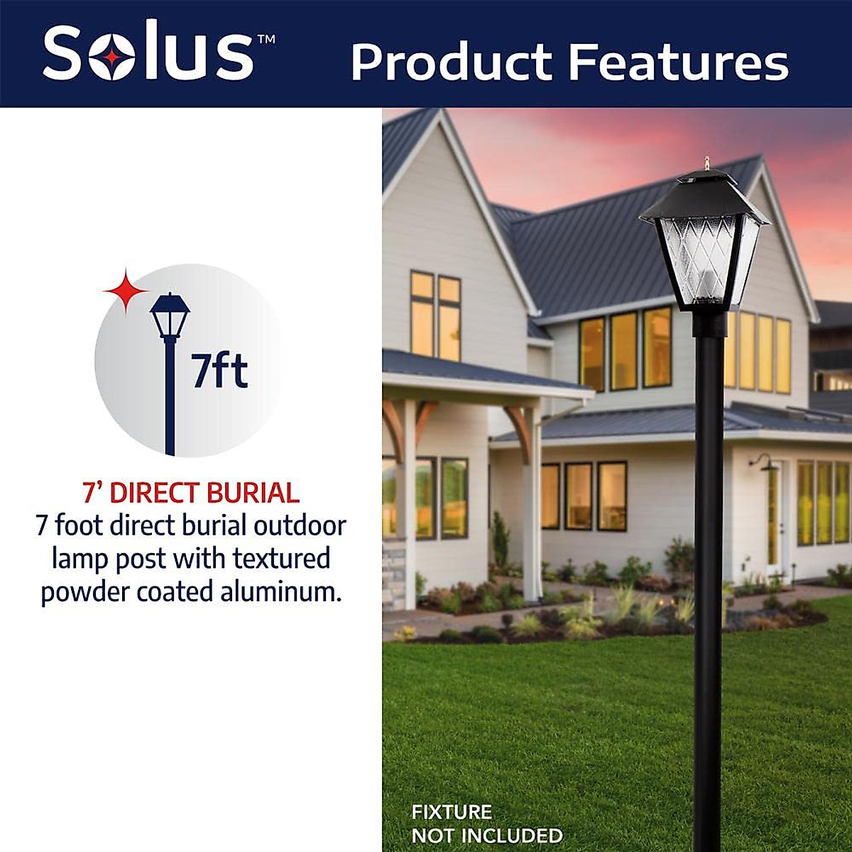 Solus SP7-NCA-BK 7' Outdoor Direct Burial Aluminum Lamp Post, Fits Most Standard 3" Post Top Fixtures, Includes Inlet Hole, Easy to Install, Corrosion & Weather Resistant, Black