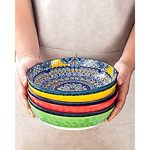 HENXFEN LEAD Pasta Salad Bowls Set of 6, Wide and Shallow Serving Dishes 27 Oz - 8 Inch Porcelain Soup Plates for Dinner, Kitchen and Eating - Bohemian style