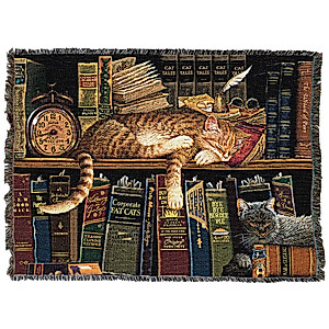 Pure Country Weavers Remington The Well Read Blanket by Charles Wysocki - Gift for Cat Lovers - Tapestry Throw Woven from Cotton - Made in The USA (72x54)