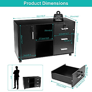 Mobile Lateral Filing Cabinet, Office Lateral File Cabinet with Lock Wood File Cabinet With Lock Office Storage Cabinet Office File Cabinet with Lock Wood Lateral File Cabinet For Home Office(Black)
