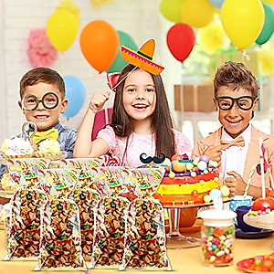 100 Pieces Mexican Fiesta Cellophane Treat Bags, Cinco De Mayo Themed Party Favor Bag Plastic Candy Bags Goodie Gift Bags Taco Bar Decor with 100 Gold Twist Ties for Fiesta Mexico Party Decoration