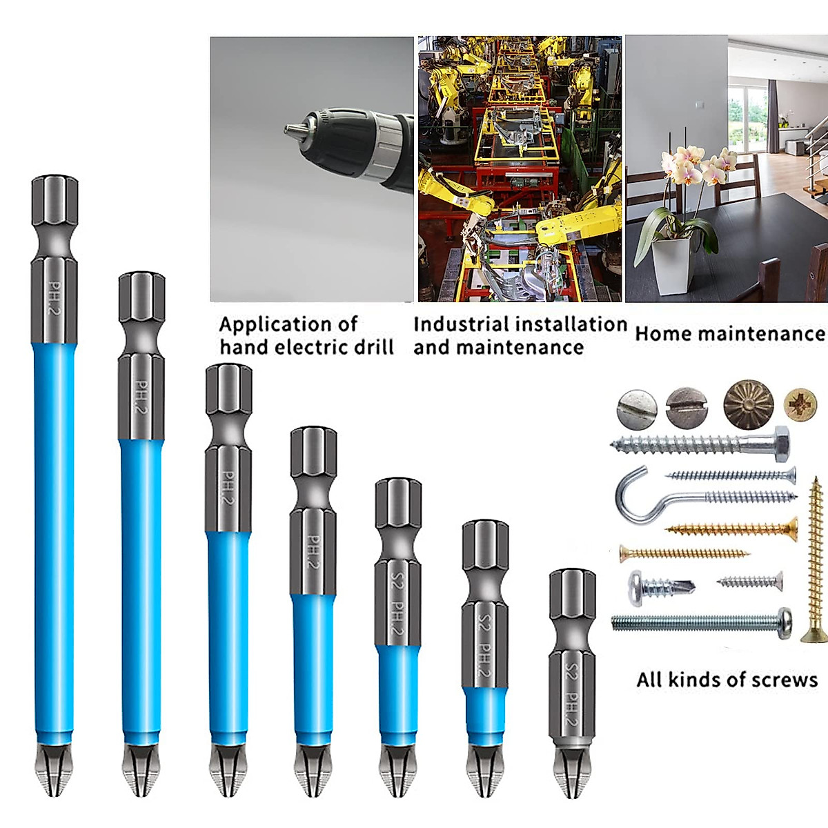 Magnetic Anti-slip Drill Bit, 7pcs Phillips Screwdriver Bit Set, S2 Alloy Steel Long Bits, 1/4 Hex Shank, Fine Tooth Design, Strong Magnetism, 25mm-150mm PH2