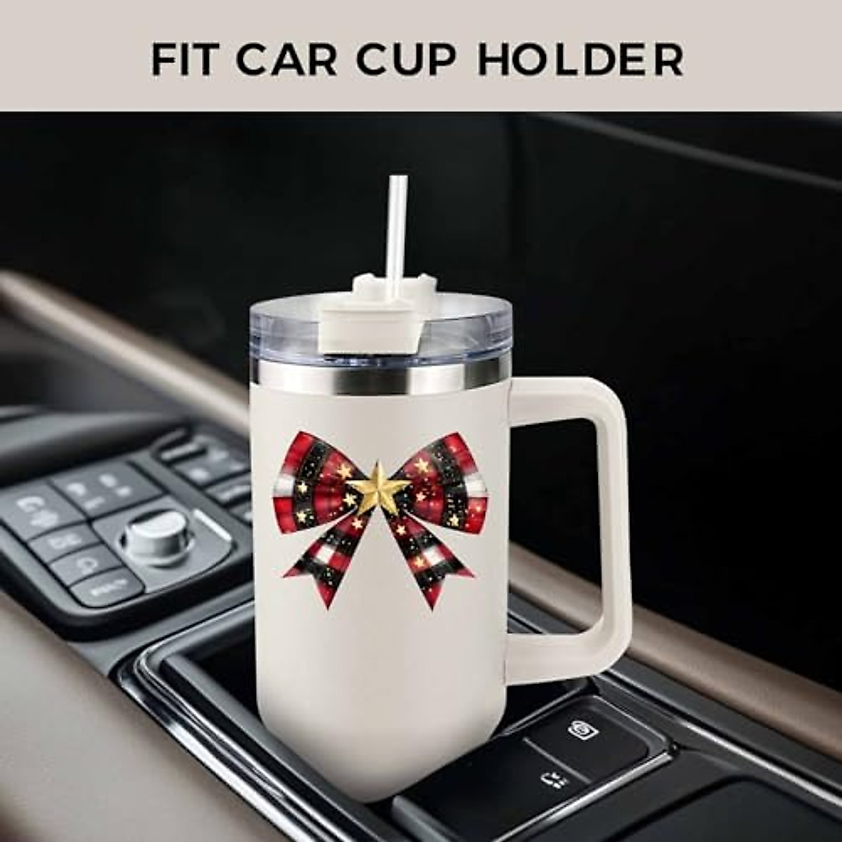 LB LEOBON 40 ounce insulated cup with handle, double-layer vacuum stainless steel material, equipped with straw, can keep warm or maintain cold drinks Red and Black Plaid Bow white