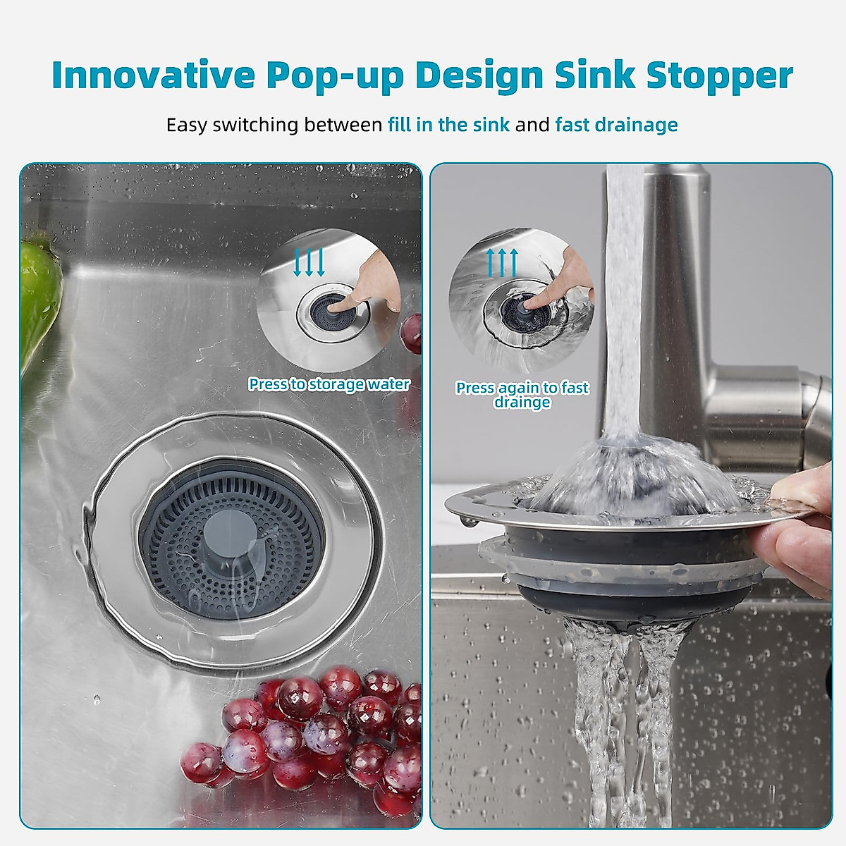 Hibbent 3 in 1 Kitchen Sink Drain Strainer, Stainless Steel Wrapped Shell Drain Stopper Combo, Pop Up Sink Stopper, Anti-Clogging Basket Strainer with Handle for US Standard 3-1/2" Drain