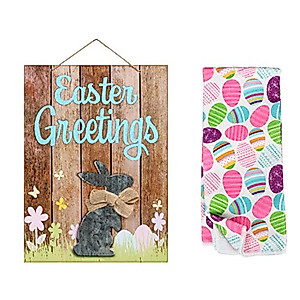 MMT Easter Sign Bunny Hanging Wall Decor Spring Rabbit Decorations and Kitchen Hand Dish Towel Decoration