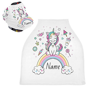 Custom Personalise Cute Unicorn Rainbow Baby Car Seat Covers Donut Ice Cream Carseat Canopy Soft Infant Stroller Cover Nursing Breastfeeding Covers for Girls Boys Newborn Fit Summer Spring Autumn
