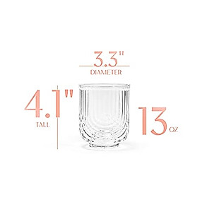GLASSIQUE CADEAU Vintage Art Deco Lowball Gatsby Cocktail Glasses | Set of 4 | 13 oz Double Old Fashioned Tumblers for Drinking Classic Whiskey, Gin, Vodka Bar Drinks | Round Short Glassware