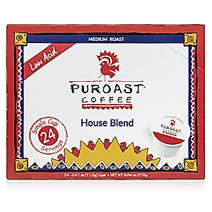 Puroast Low Acid Coffee Single-Serve Pods | House Blend | Medium Roast | Low Acid Certified | pH 5.5+ | Gut Health | Higher Antioxidants | Smooth | Compatible with Keurig 2.0 Coffee Makers (24 Count)