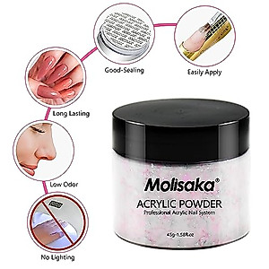 Molisaka Pink Acrylic Powder, Mixed Holographic Sequins Glitter Acrylic Nail Powder, Professional Colored Sparkle Nail Dip Powder for Nail Extension, Carving and French Manicure, No UV Light Needed…