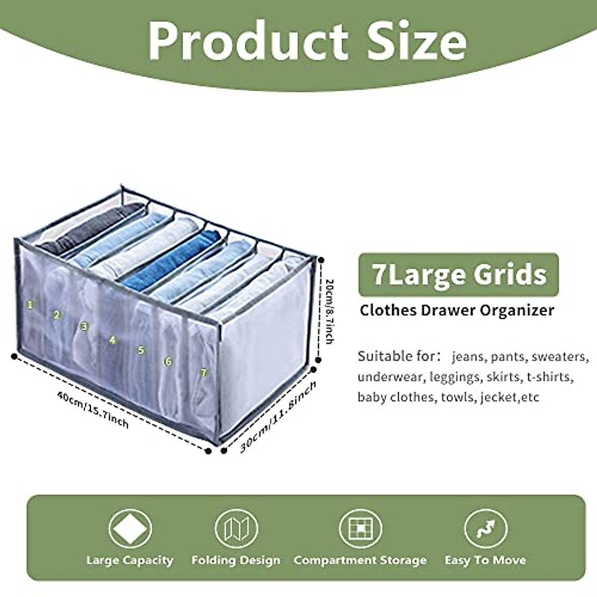 Akpgf Wardrobe Clothes Organizer for Jeans, Upgraded 7 Grids Mesh Compartment Storage Drawer Organizers and Storage, Extra Large 4PCS Pants Jeans Sweater Thick Clothes Organizer
