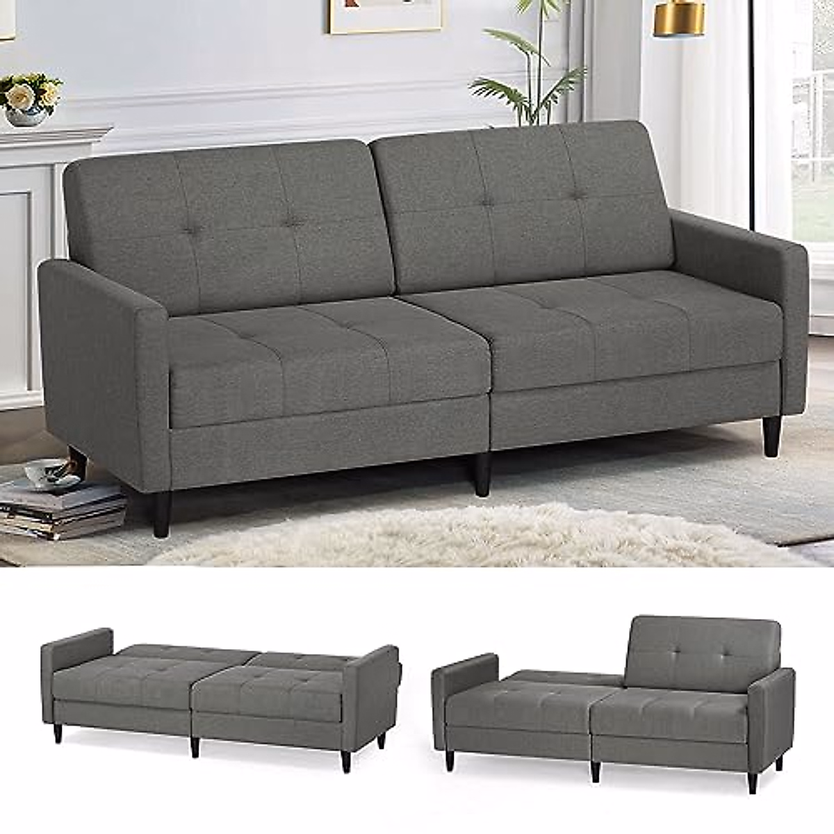 BIVVI 77” Long Linen Fabric Sofa Bed Convertible Loveseat Couch with Adjustable Backrest and Wooden Legs,Sleeper Lounge Couch for Living Room/Dorm/Guest/Home Office/Apartment,Gray