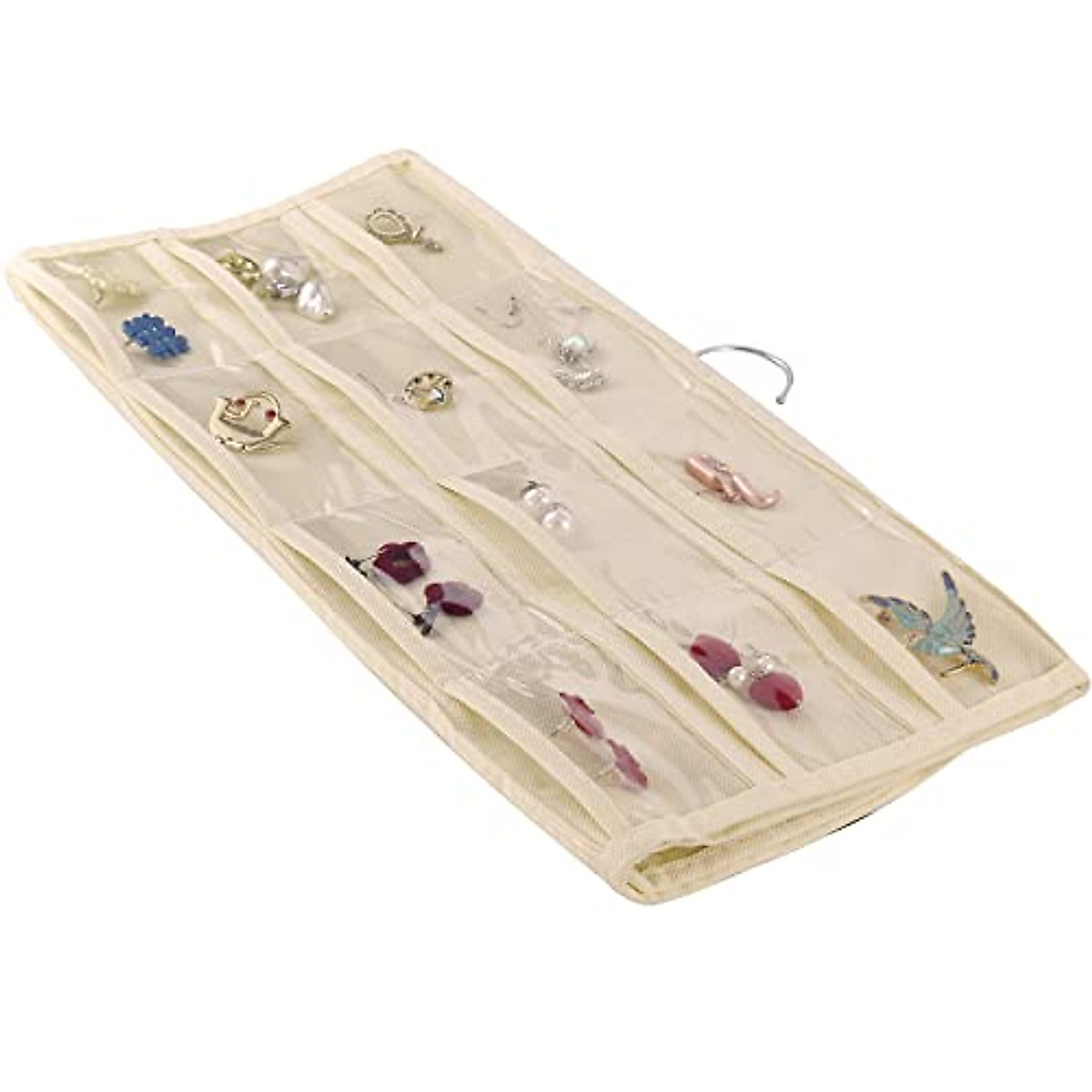 KIMCHOMERSE Hanging Jewelry Organizer Double Sided 80 Pockets Jewelry Storage Holder Bag for Home and Travel to Organize Necklaces Bracelets Earrings Rings Chains Hairpin Headband - Beige