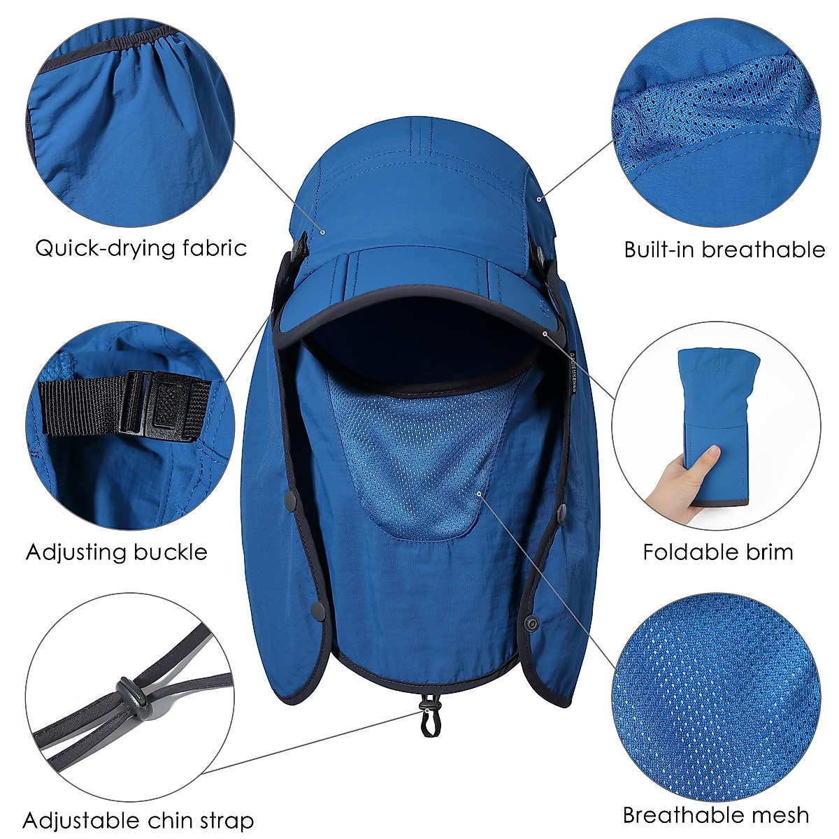 GADIEMKENSD Foldable Fishing Sun Hat with Neck Flap Face Cover UPF 50+ Sun Protection Quick Dry Baseball Cap Adjustment Covering Removable Legion Hat for Fishing Gardening Hiking Farming Blue