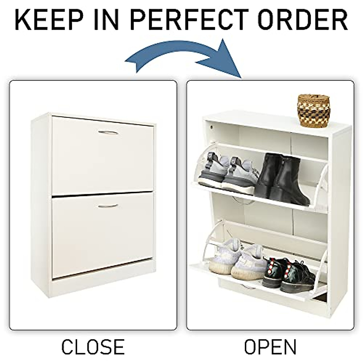 KD ModySimble Tipping White Shoe Cabinet 2-Drawer Horizontal Shoe Rack Storage Organizer Wooden Shoe Cabinet