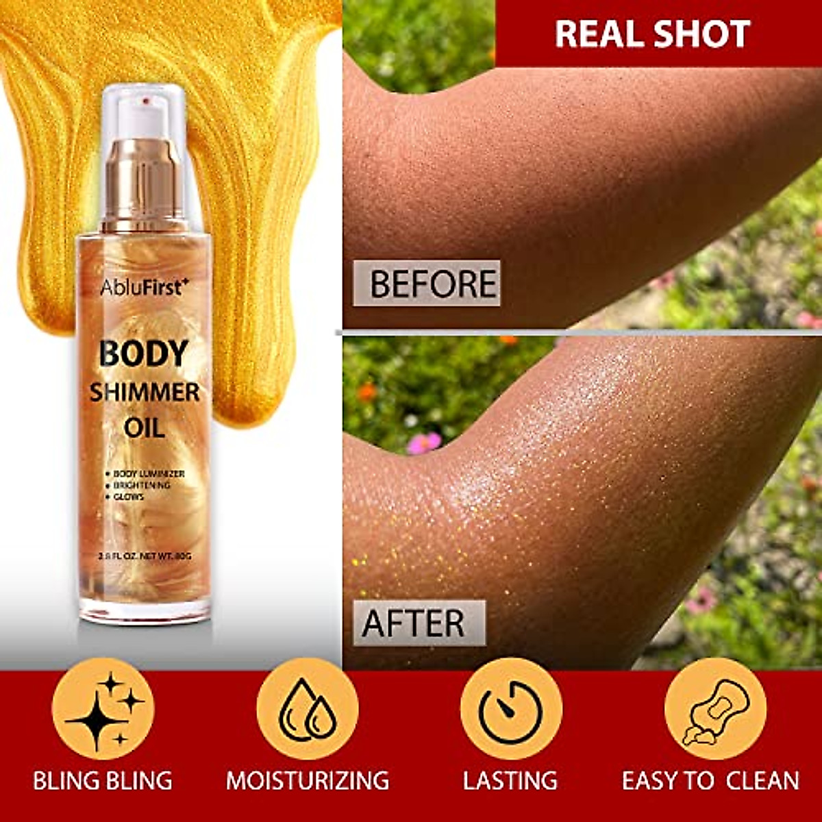 Shimmer Body Oil 2 Colors (2.8 Fl Oz (Pack of 1), Summer Body Glitter Moisturizing Light Shimmer Glow Non-Sticky Summer Body Luminizer and Illuminator Smooth (2.8 Fl Oz (Pack of 1), Gold)