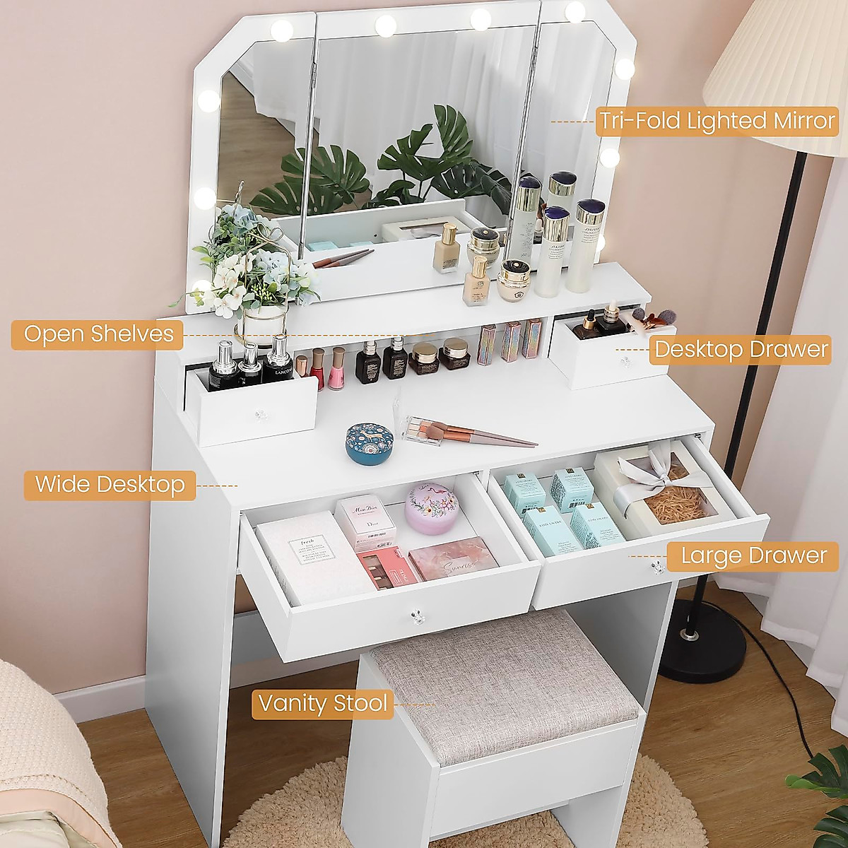 Quimoo Vanity Desk Set with LED Tri-Fold Lighted Mirror & Power Outlet, Makeup Vanity Table with 4 Drawers, Cushioned Stool, for Bedroom, Bathroom, White