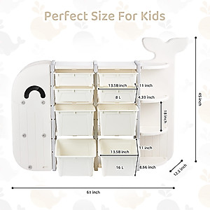 DUKE BABY Kids Large 4 Layer Toy Storage Organizer with 8 Pull-out Storage Bins, Display Bookshelves, Multipurpose Toy Cabinets for Kids Playrooms Bedrooms Age 1-12, Whale Collection White Grey