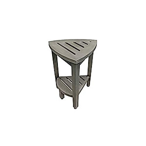 CoastalVogue Flexi Corner Teak Shower Corner Stool Wood Corner Shower Seat Spa Bench with Shelf, 15" Corner Shower Foot Stool in Antique Gray Finish