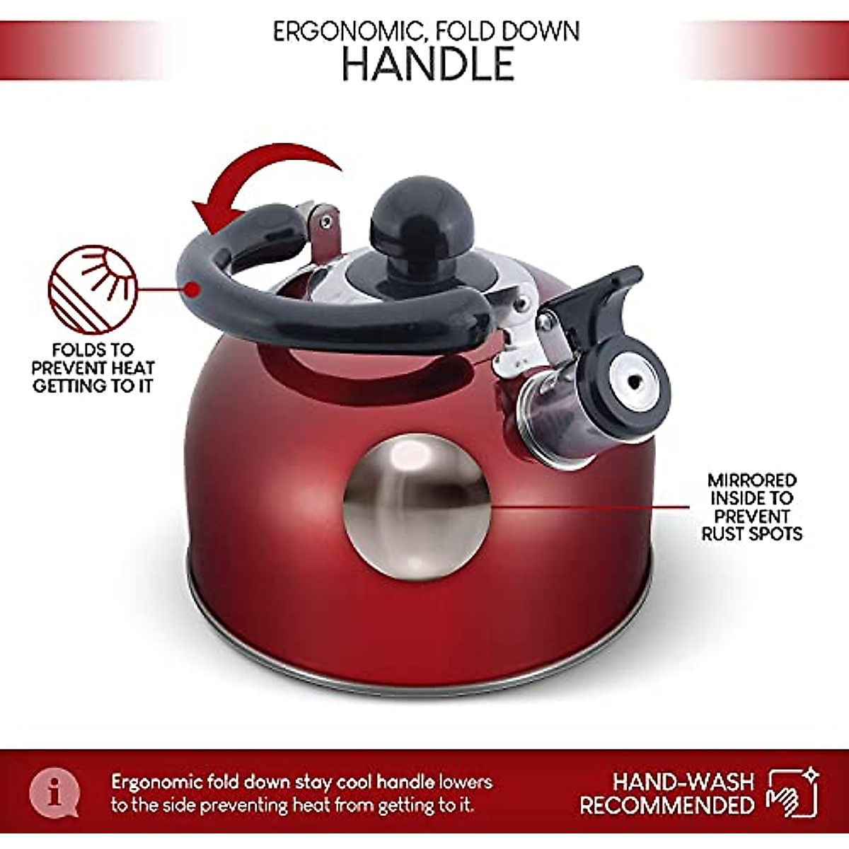 ELITRA Whistling Tea Kettle - Stainless Steel Tea Pot with Stay Cool Handle - 2.6 Quart / 2.5 Liter - (RED)