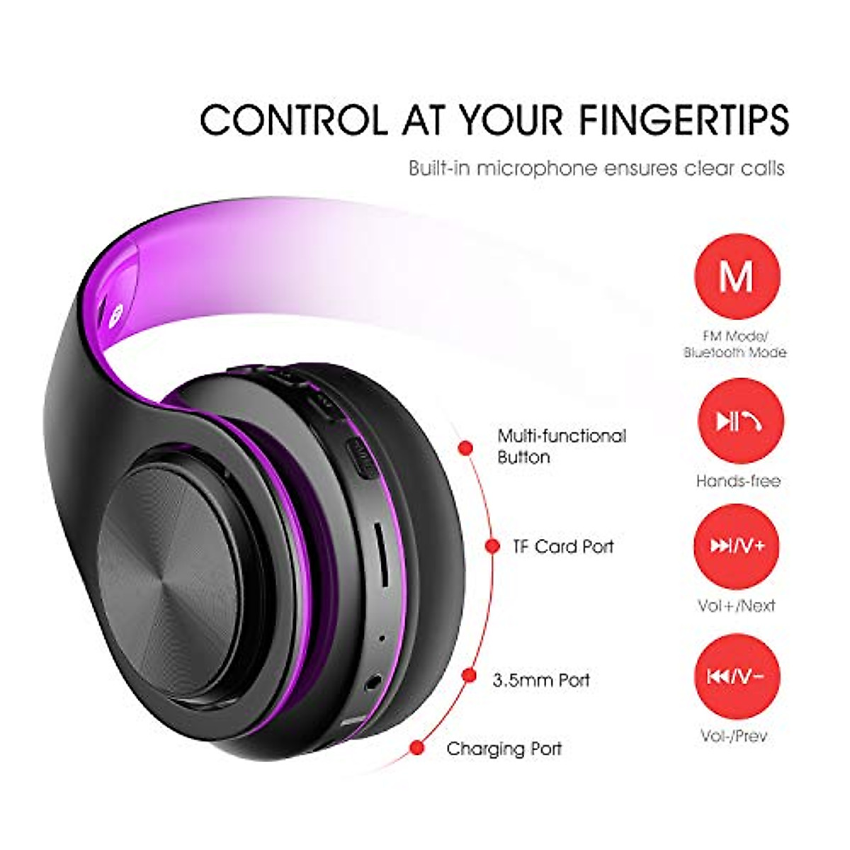 Funwaretech Wireless Bluetooth Headphones Over Ear with Mic,Noise Cancelling Headphones Bluetooth 5.0, Foldable Hi-Fi Stereo Wireless Headphones,Soft Memory-Protein Earmuffs for Travel/Work, Purple
