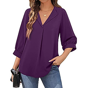 Unixseque 2022 Women's Chiffon Tunic Tops, 3/4 Sleeve V Neck Blouse for Office Work - Violet M
