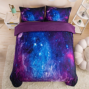 MWMWMW Galaxy Comforter Set Queen, Purple Queen Comforter Set, Kids Bedding Set for Girls, Girls Queen Comforter Set, 3 Pieces Purple Galaxy Beddingt Sets with 2 Matching Pillowcases