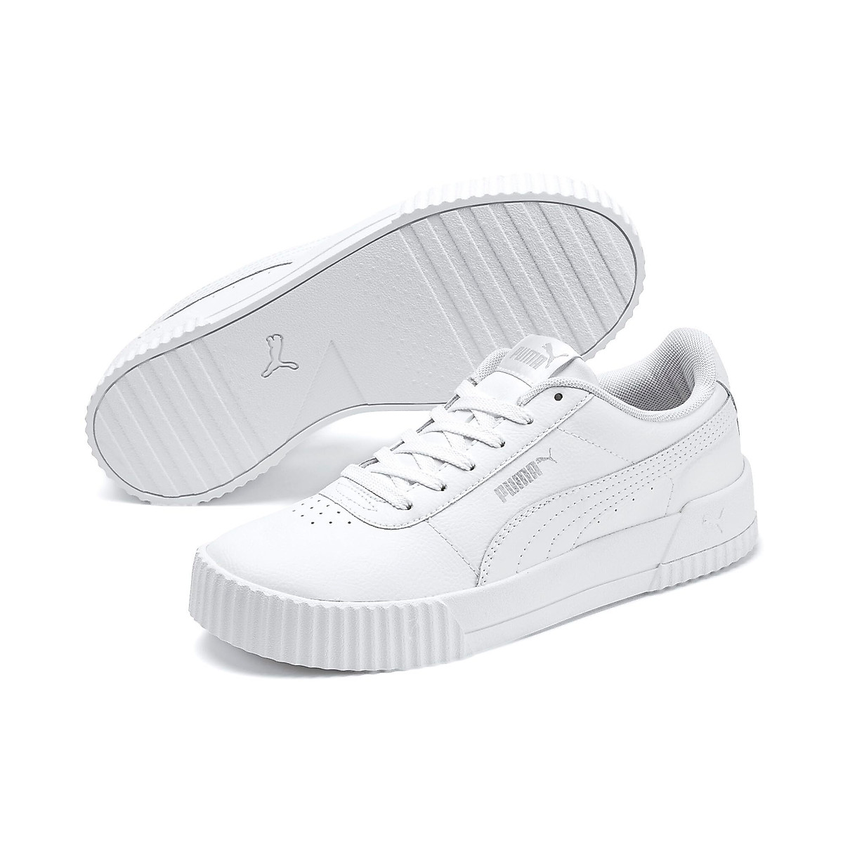 PUMA Womens Carina Leather Sneaker, PUMA Womens White-PUMA Womens White-PUMA Womens Silver, 9.5