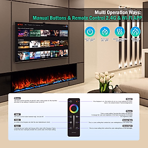 ALEXENT Recessed 80" Electric Fireplace with Wi-Fi/Remote Control Wall Mount, Built in, Low Noise with Timer, Touch Screen, Adjustable Flame Color and Speed, Log Set & Crystal