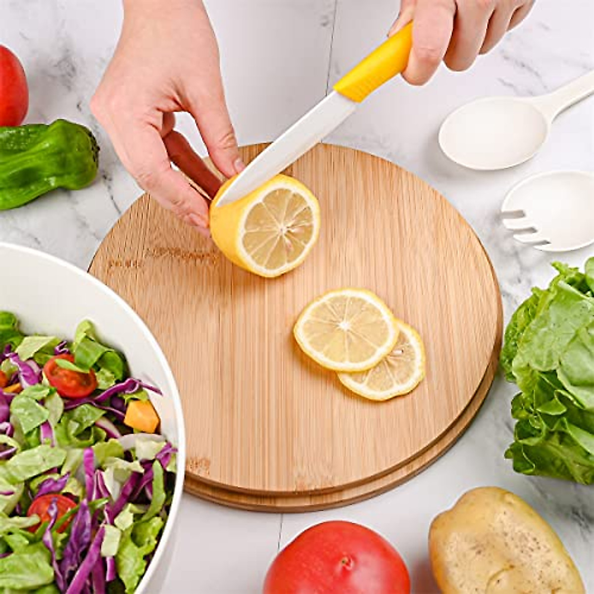 LOVYANXUE Bamboo Salad Bowl with Lid, 9.8Inches Large Salad Bowl with Lid Spoon Fork, Salad Mixing Bowls and 4 Small Bowls, Salad Serving Bowl Set for Salad, Fruits, Vegetables