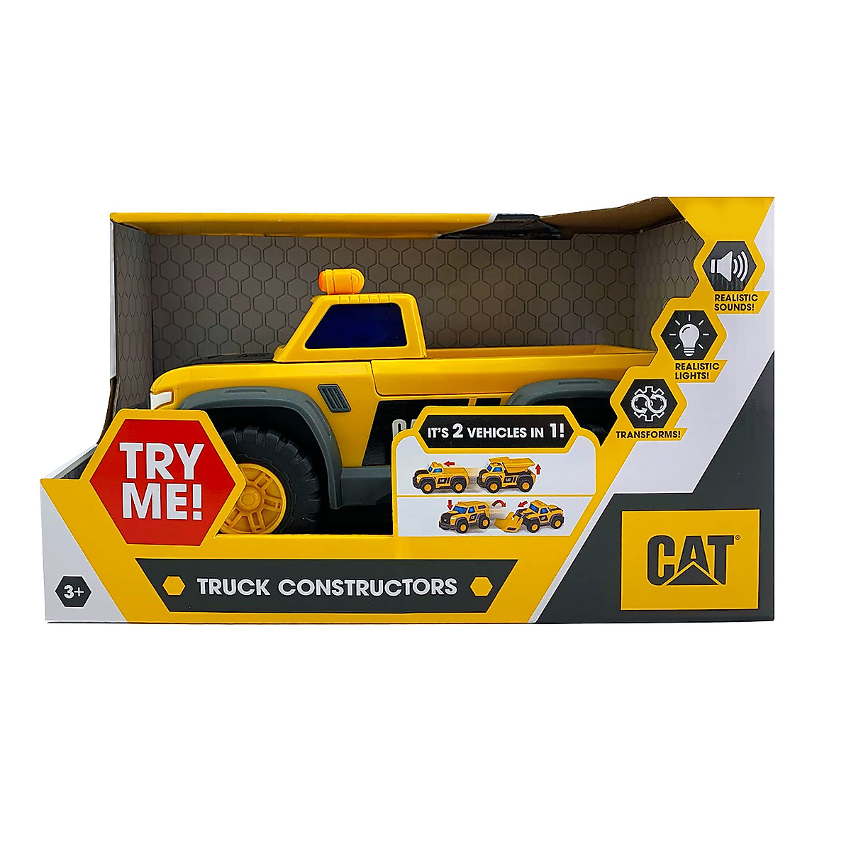 CAT Construction Toys, Truck Constructors Toy Dump Truck - Realistic Lights & Sounds + Easy Transforming + Movable Parts + Sturdy Plastic Construction + Batteries Included