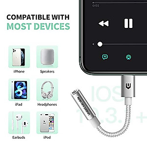 UNBREAKcable Headphones Adapter for iPhone, MFi Certified Lightning to 3.5mm Jack Converter with Newest Apple Original Chip Compatible for iPhone 14/13/12/11/Pro/SE/Xs MAX/XR/X/8/iPad/iPod - Silvery