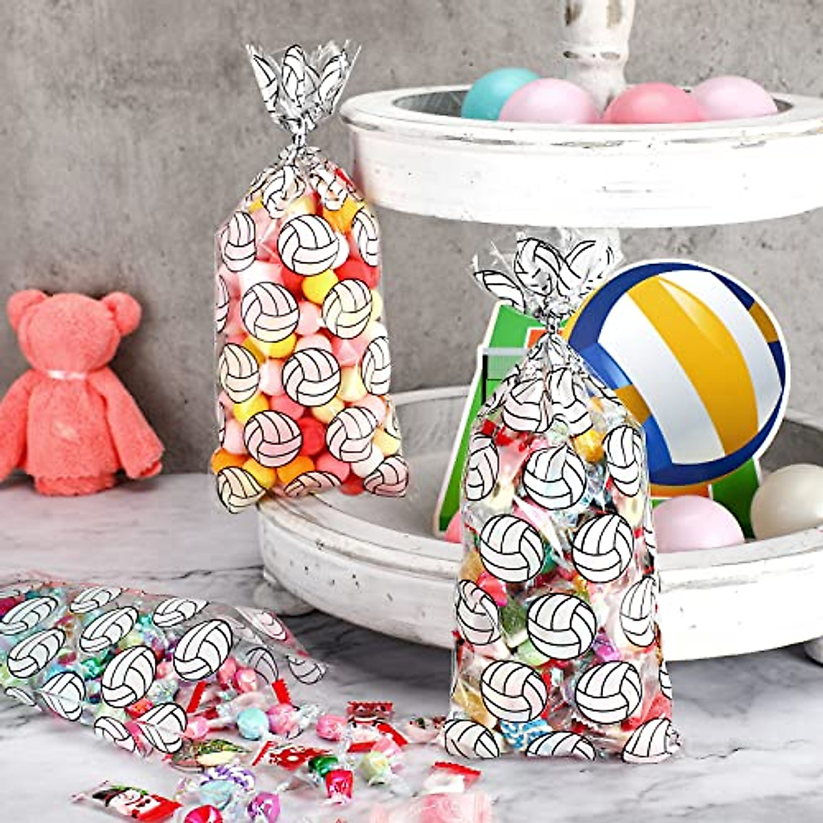 Outus 100 Pieces Volleyball Bags Volleyball Gifts Bags Volleyball Treat Bags Volleyball Print Cellophane Goody Bags with 200 Pieces Twist Ties for Birthday Party Supplies Goody Favor (Transparent)