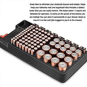 ANLIZN The Battery Storage Organizer Case and Battery Tester with No Lid, for Drawer Design, Holds 110 Batteries Various Sizes for AAA, AA, 9V, C, D and Button Battery