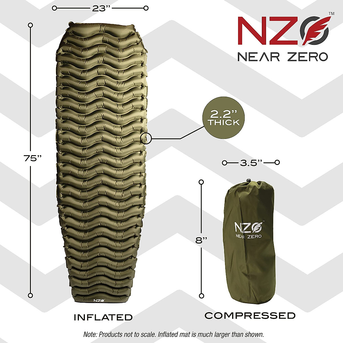 NEAR ZERO - Inflatable Sleeping Pad, Ultralight Camping Mattress, Portable Sleeping Pad for Camping, Hiking, Beach, Backpacking Trip and More, 14.5 oz, Green