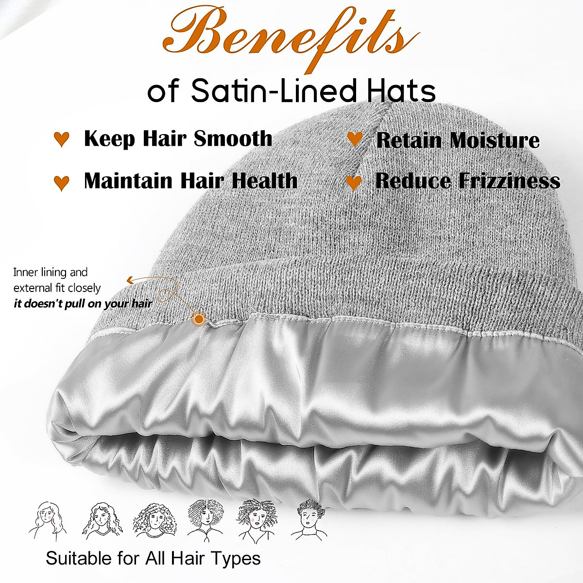 3 Pack Satin Lined Beanie Hats for Women Men Winter Silk Lined Soft Warm Knit Cuffed Beanies Cotton Crochet Slouchy Skull Cap