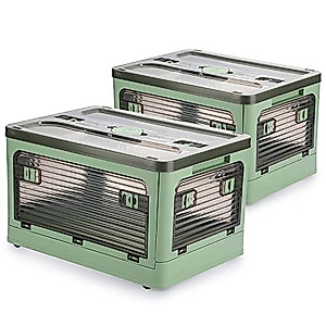 BTSKY 2 Pack Clear Plastic 4 Doors Collapsible Storage Bins with Lid & Wheels 20 L Foldable Lidded Storage Box Multifunctional Stackable Folding Organizer Cube for Camping Clothes Toys Snacks Storage Box Container (Green)