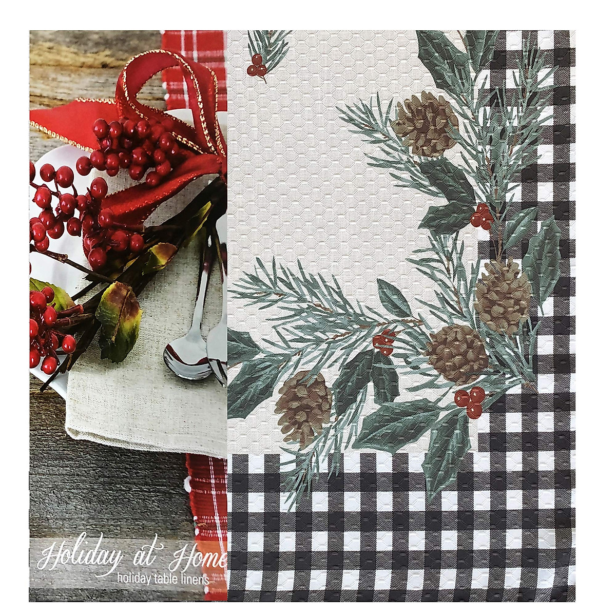 Lintex Festive Berry Black Plaid Country Rustic Bordered Christmas Tablecloth, Cottage Check and Holly Bordered Xmas and Holiday Print Easy Care Fabric Tablecloth, 70 Inch Round