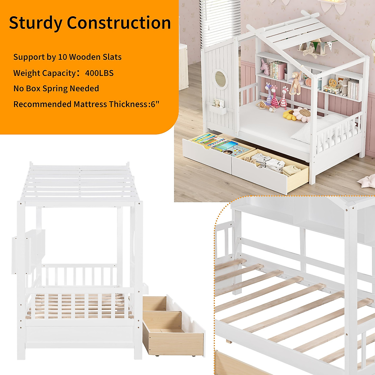 Linique Wooden Full Size House Bed with 2 Drawers and Storage Shelf,Full Platform Bed Frame with Pitched Roof,White