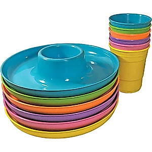 Great Plate Reusable Plastic Plates for Parties with Built-in Cup Holder, Chip and Dip, Set of 6 Party Plates and Cups for Kids or Adults, Food Serving Tray with Drink Holder for BBQ Camping Picnics