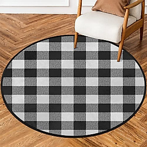 Buffalo Plaid Round Area Rug,Black and White Buffalo Check Large Circle Rugs Non Slip Round Floor Mat Soft Washable Carpet for Living Room Bedroom Indoor Outdoor, 3 ft