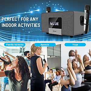 RHM K222 Karaoke Machine, with 2 Wireless Microphones & 5 Music Modes, Support Optical/Bluetooth/AUX/USB/PC, Wooden Bluetooth Speaker for TV/Home/Meeting/Karaoke/Party, Great for Music Lovers