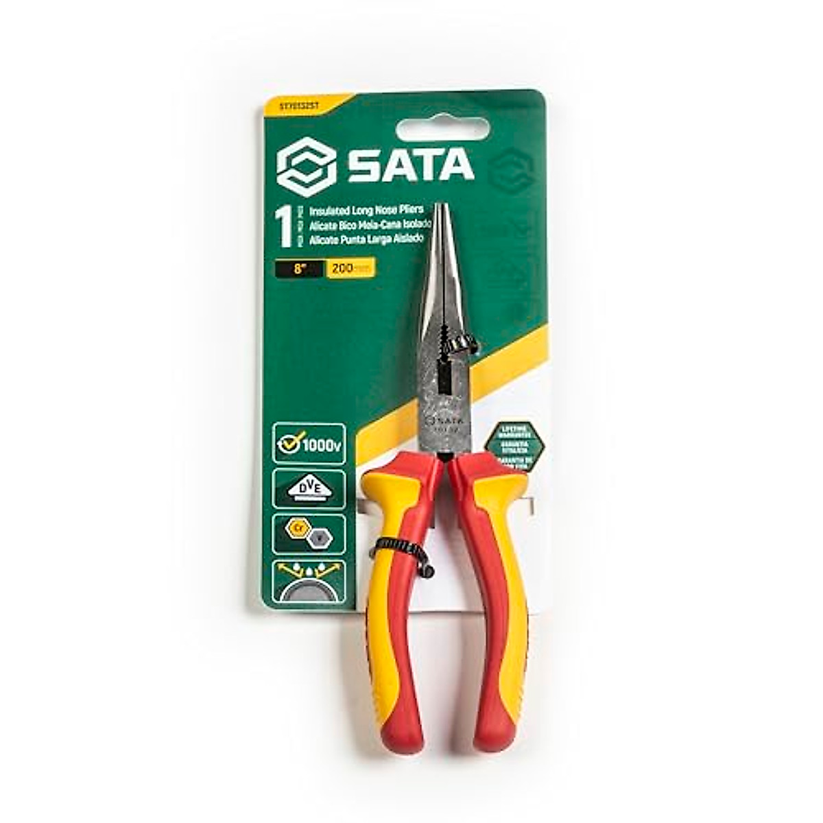 SATA 8-Inch VDE Insulated Long Needle-Nose Side Cutting Pliers with Chrome Vanadium Steel Body and Dual Material Anti-Slip Handles - ST70132ST