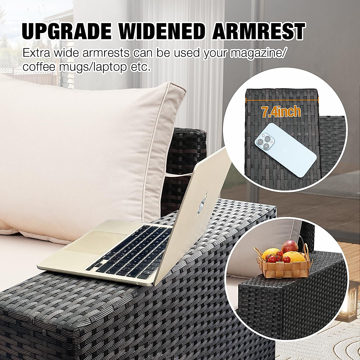 JOYURE 5 Pieces Patio Furniture Set All-Weather Outdoor Wicker Sectional Conversation Sofa Rattan Patio Seating Sofa with Cushion and Glass Table and Ottoman for Porch,Beige