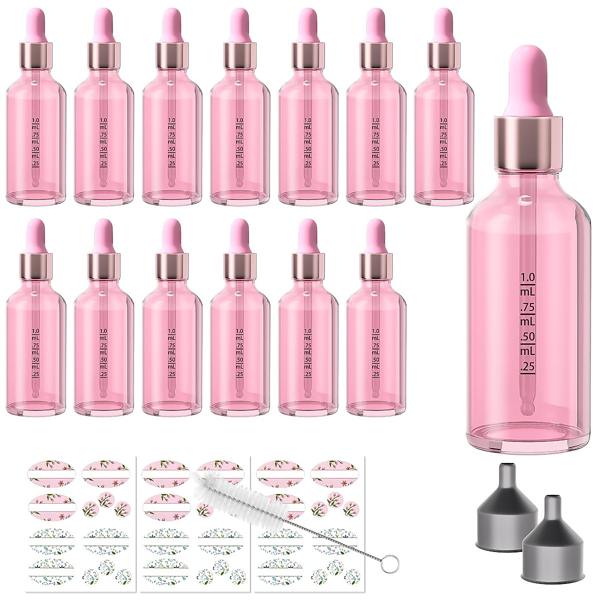 CycleMore 2 oz Pink Glass Dropper Bottles Eye Dropper Bottles with Glass Scales, 12 Pack Tincture Bottles with Labels and Funnels for Perfumes,Essential Oils & Makeup