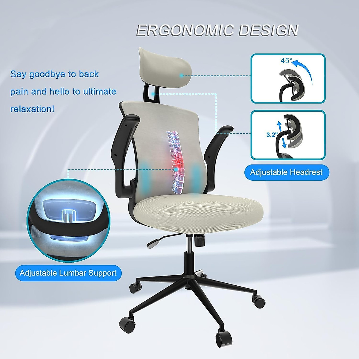 Ergonomic Office Chair, Mesh Desk Office Chair with Adjustable Headrest & Lumbar Support, High Back Task Computer Chair with Flip-up Armrests, Executive Chair for Home Office (Grey)